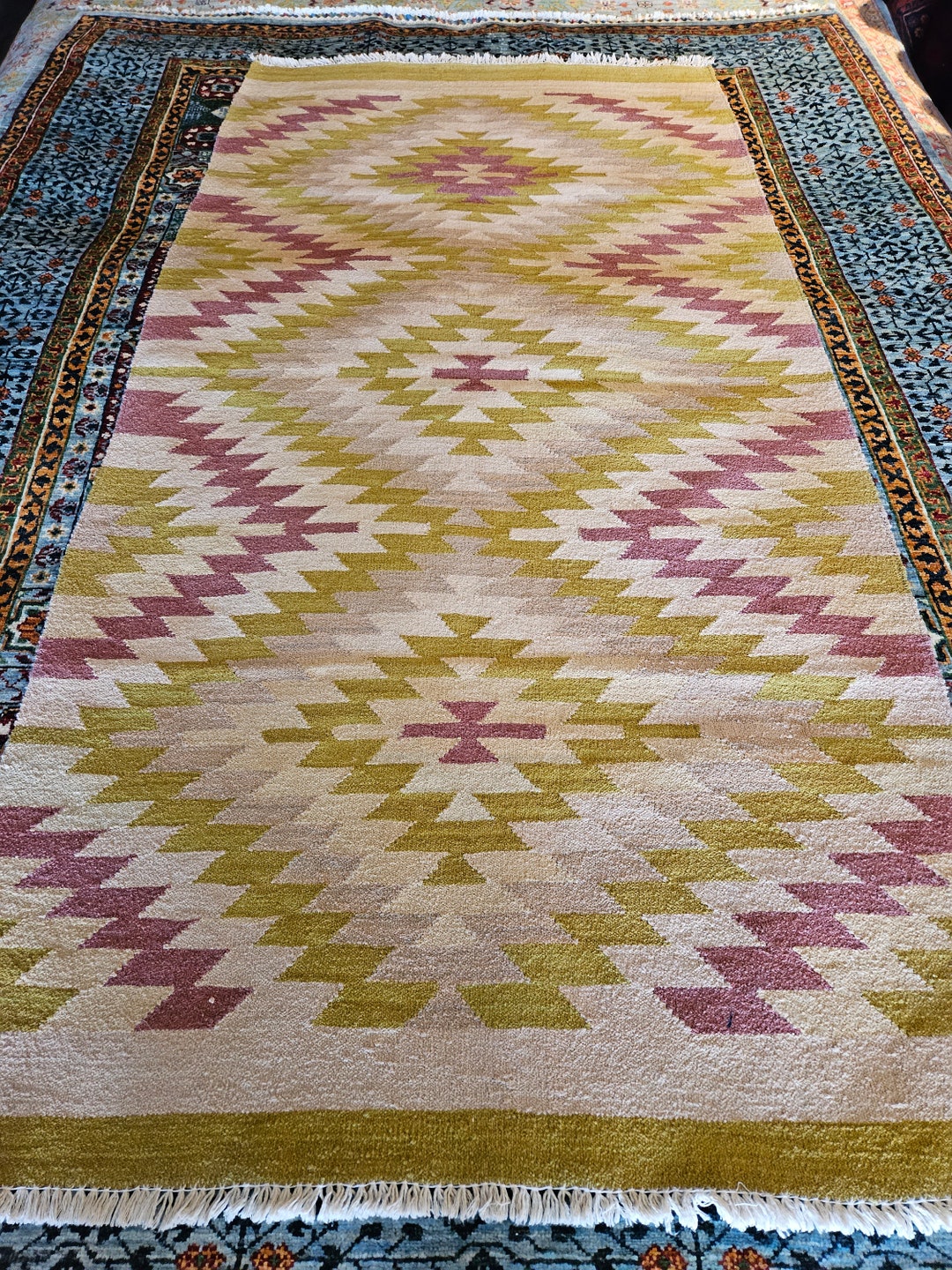 Chobi Kilim Afghan Kilim Rug Hand-knotted Wool Boho Rug in Green, Pink ...