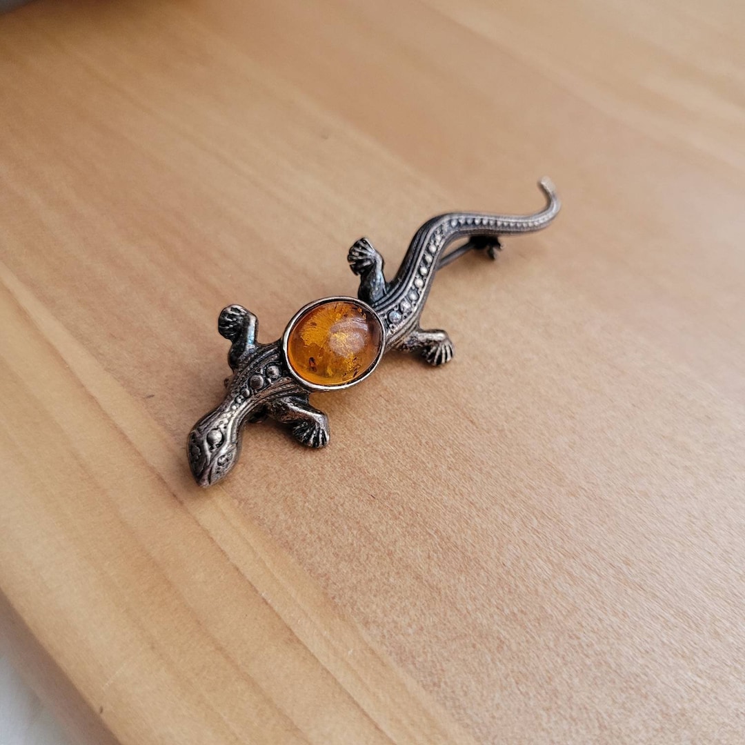 Vintage Sterling Silver Lizard Pin Brooch With Genuine Baltic Amber ...