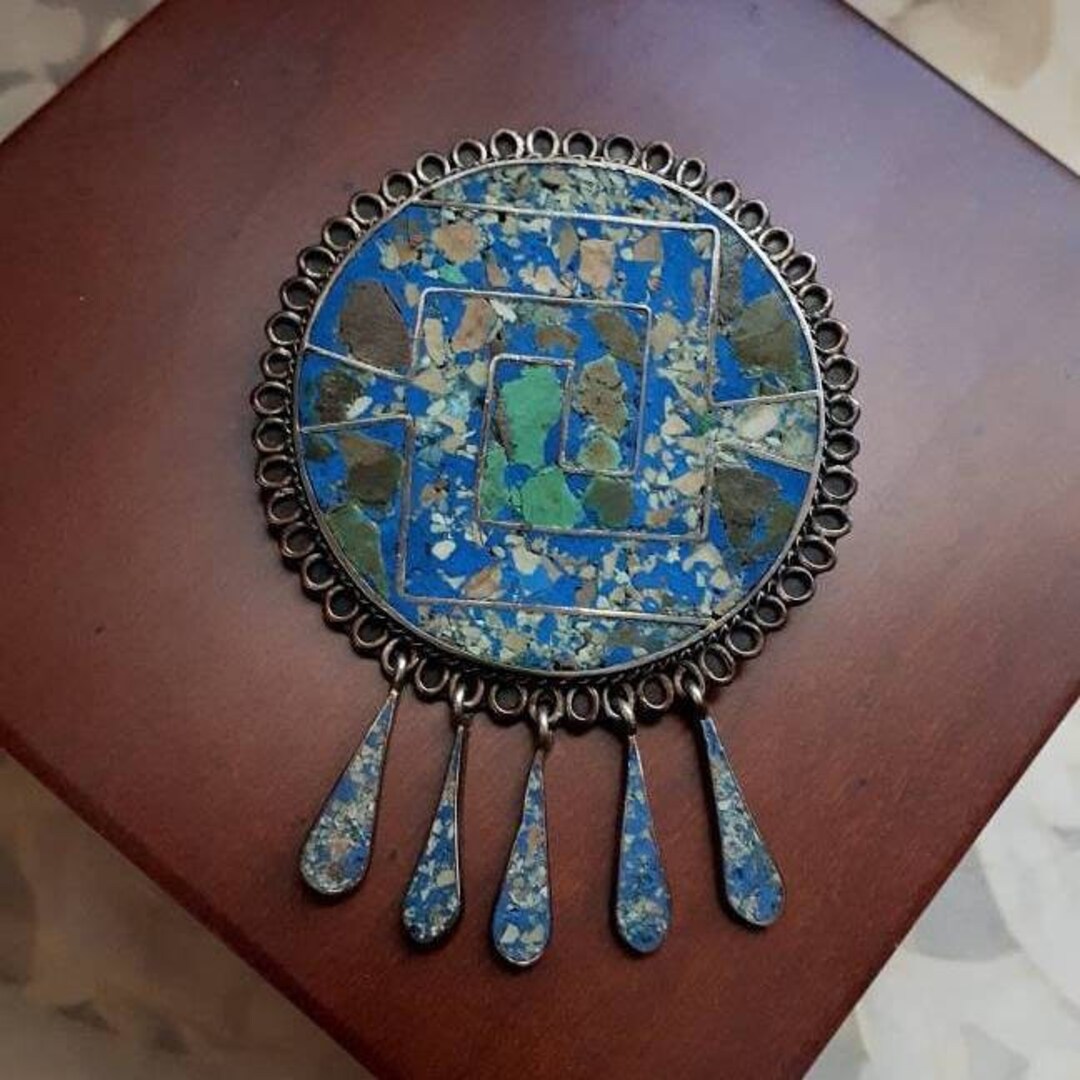 Vintage Sterling Silver Mexican Oversize Fringe Aztec Pin Pendant ...