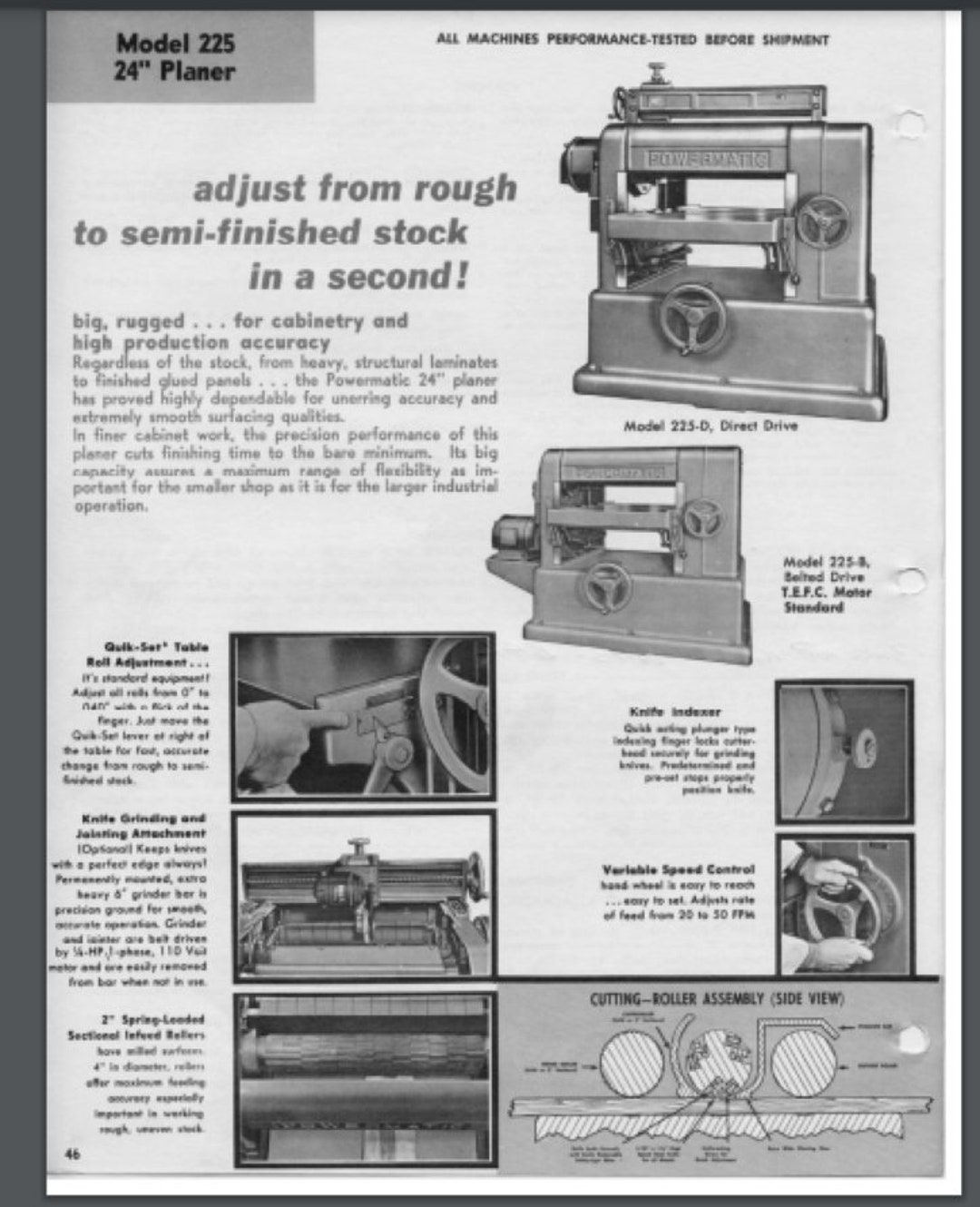POWERMATIC 225 D 24" Planer OWNER Parts Manual 1966 22 Pages Comb Bound ...