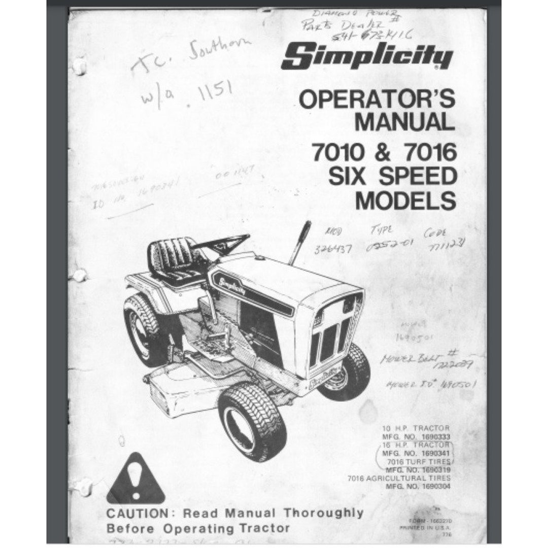 Simplicity 7010 7016 Tractor Owner Manual 38 Pages Comb Bound Gloss ...