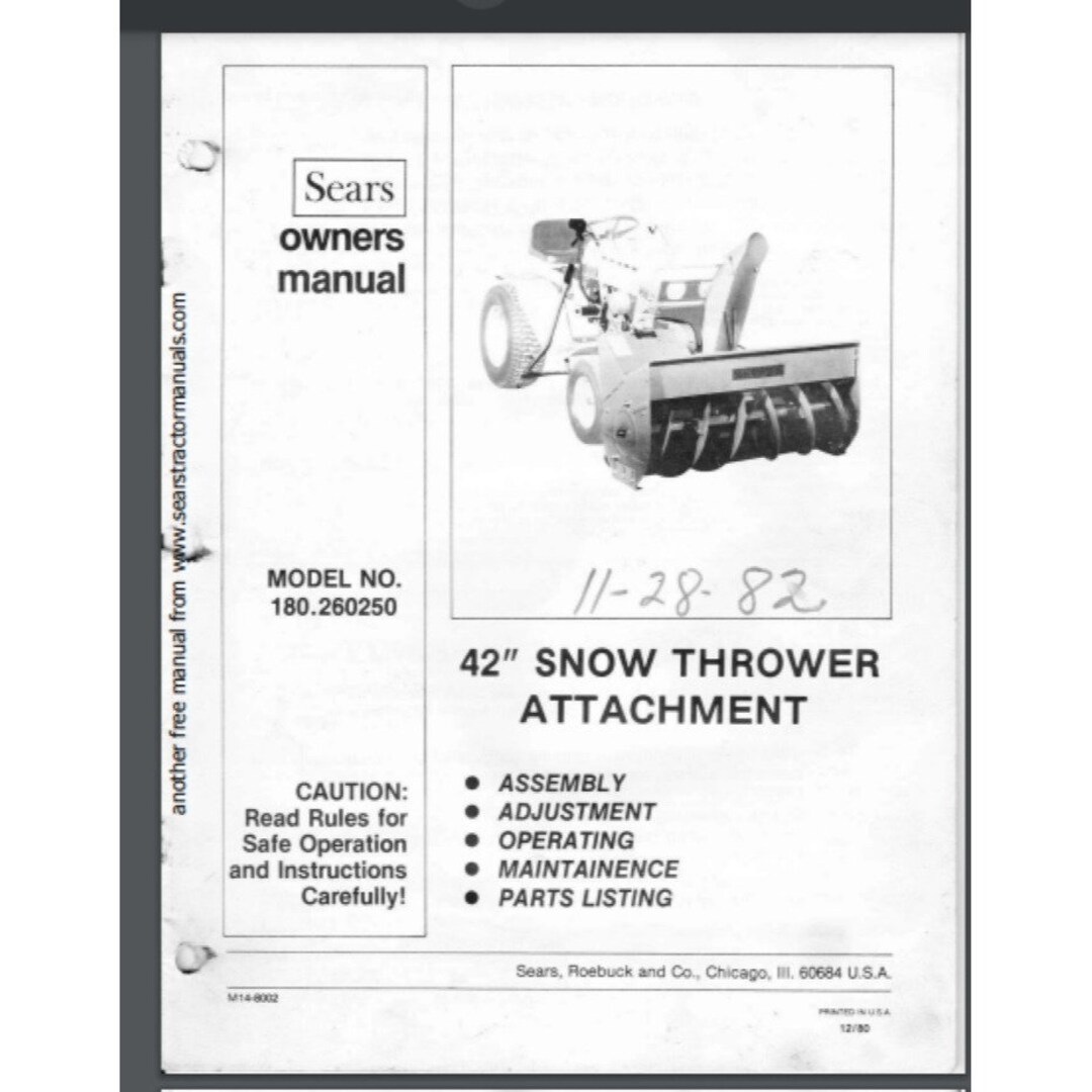 Sears Tractor Snow Blower 180.260250 Operating Instructions Manual 24 ...