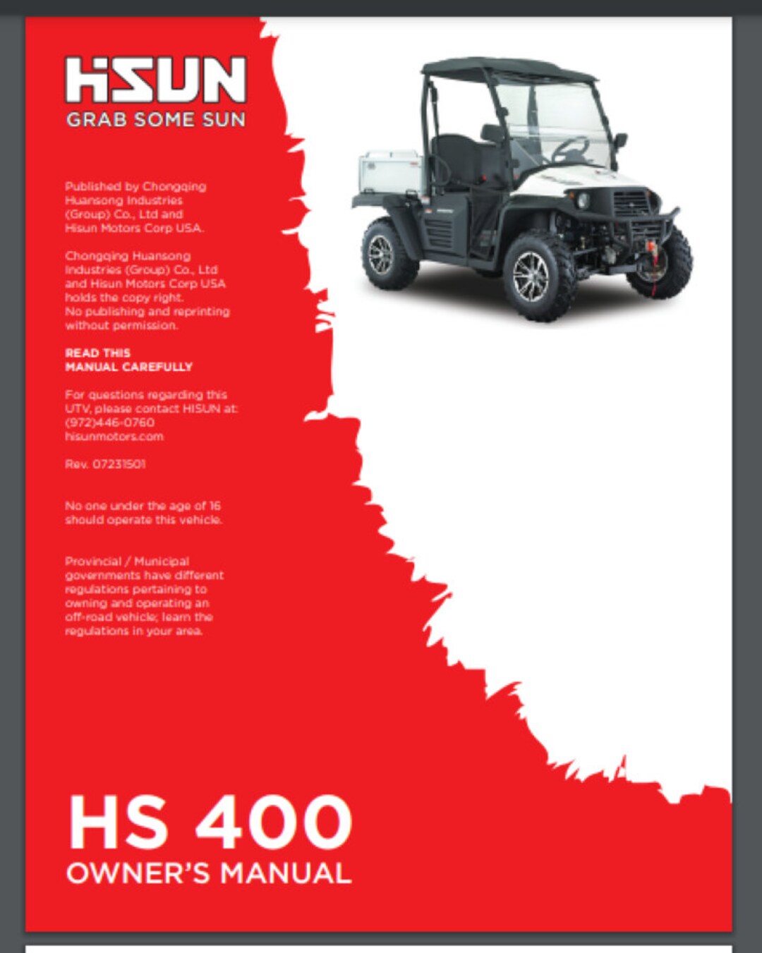 Hisun Hs 400 HS400 UTV Owners Manual 61 Pages Basic Service Maintenance ...