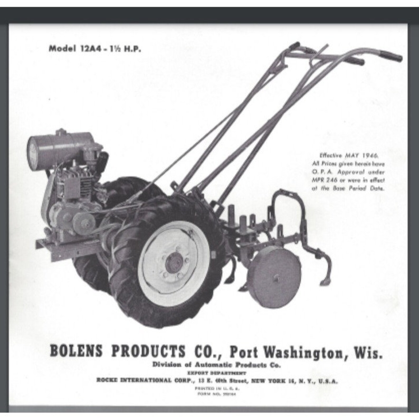Bolens 2 Wheel Tractor 12a Owner & Parts Manual 1946 8 Pages Comb Bound ...