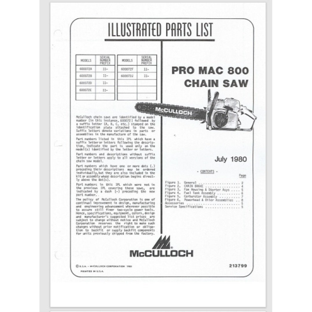 Mcculloch Pro Mac 800 Chainsaw Illustrated Parts List 1980 Exploded ...