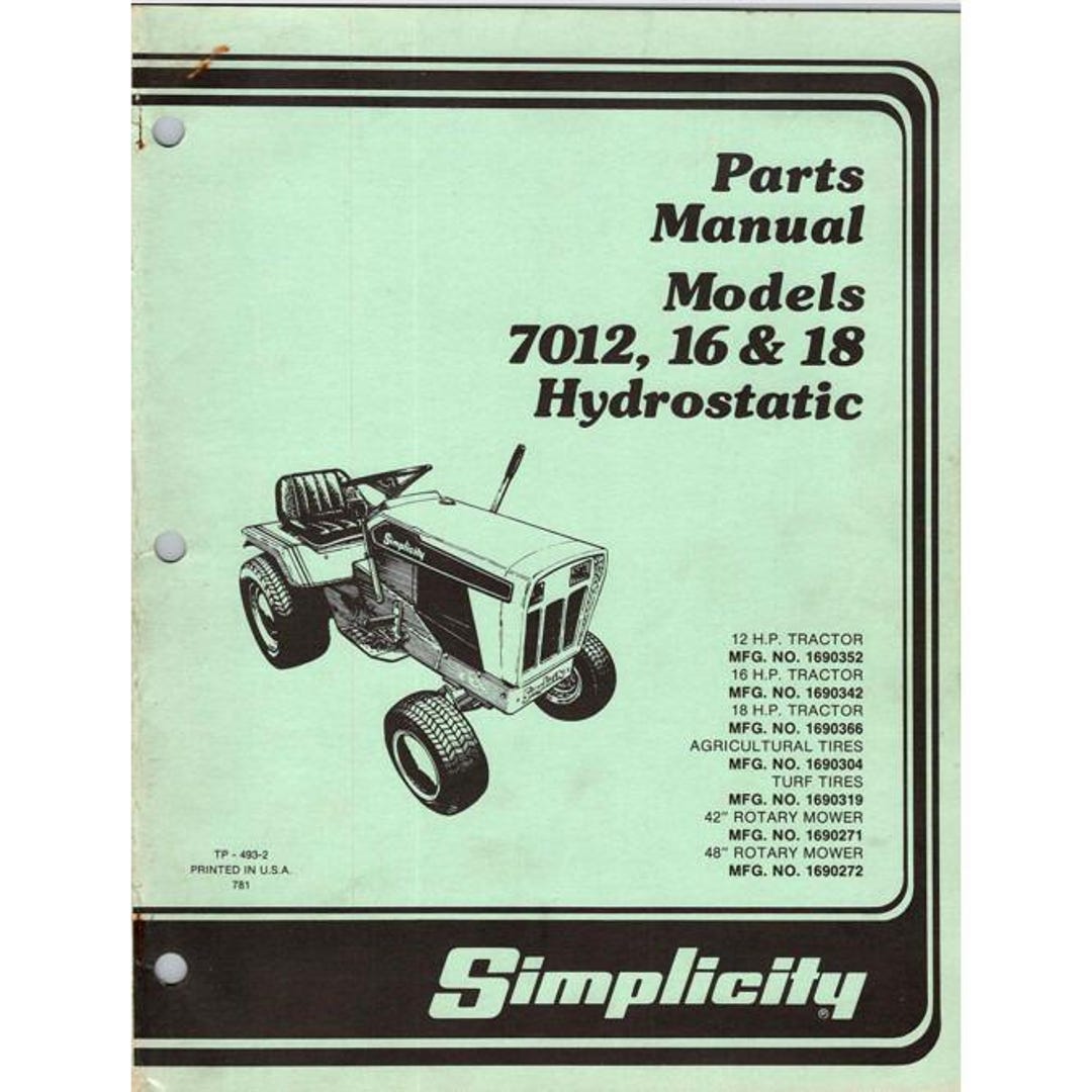 Simplicity, Model, 7012, 16, 18, Hydrostatic, Parts, Manual, 12, 18, Hp ...