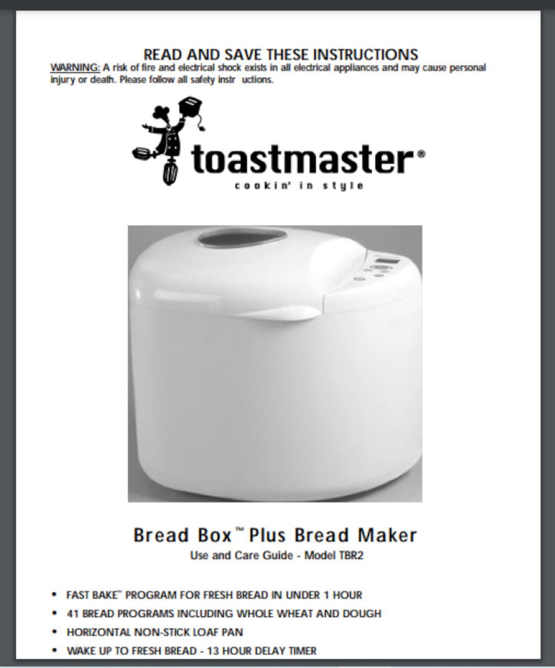 Toastmaster TBR2 Bread Maker Machine Use and Care Manual 56 Pages - Etsy