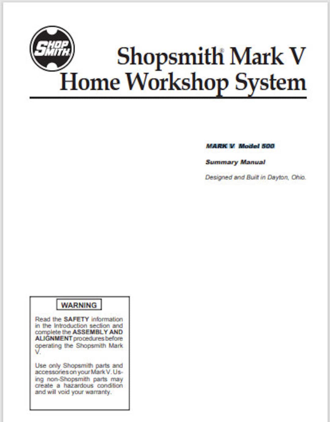 Shopsmith MARK V Model 500 Mode Manual 45 P. Gloss Protective Covers ...