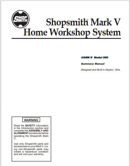 Shopsmith MARK V Model 500 Mode Manual 45 P. Gloss Protective Covers ...