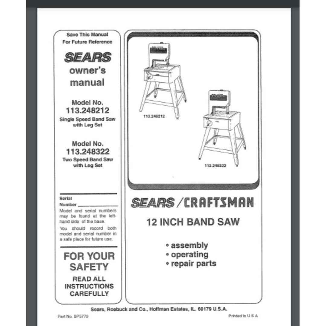 Sears Craftsman 12 Inch Band Saw 113.48212 Instruction Owner Parts ...