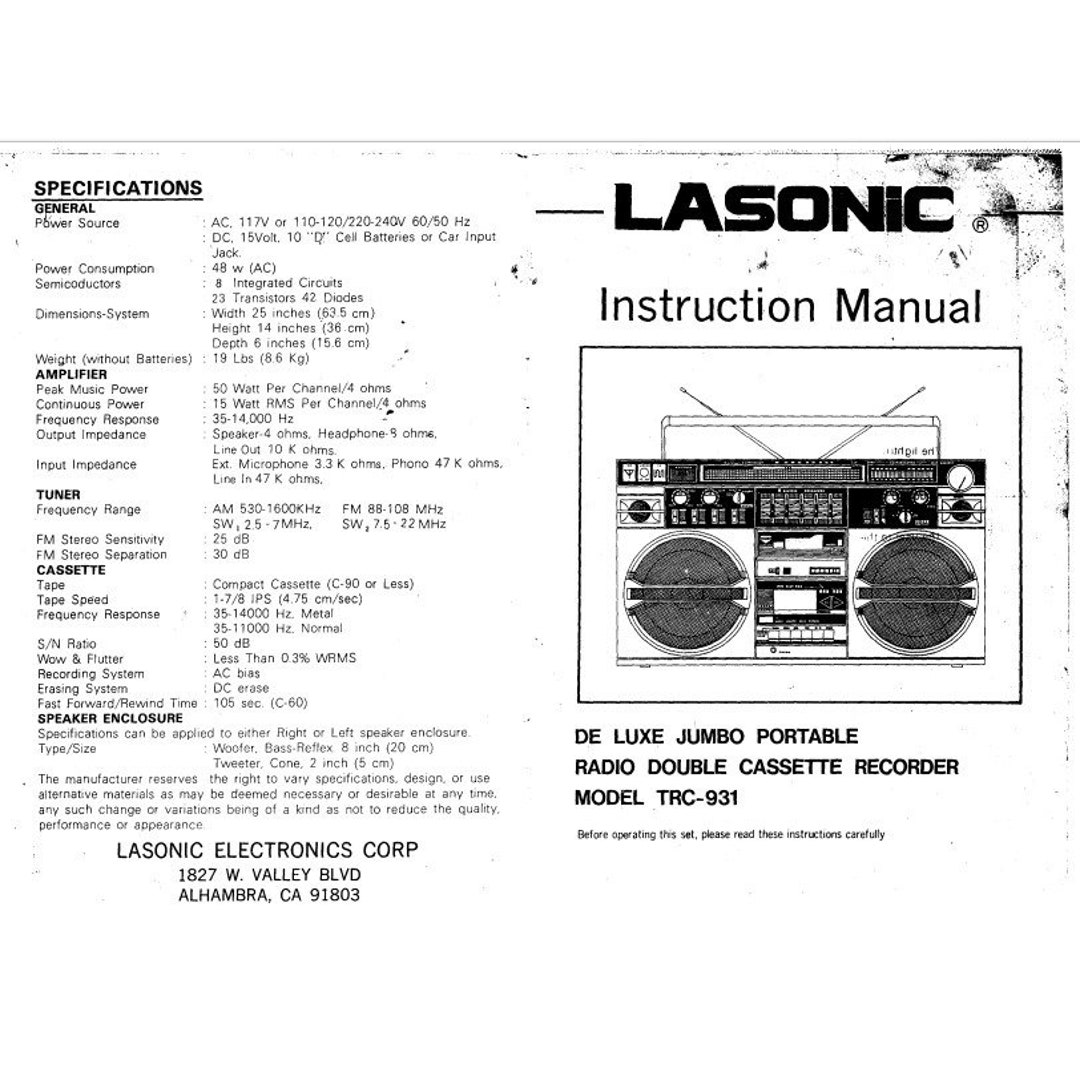 Lasonic Trc931 Boombox Owner Manual 12 Pg. Comb Bound Gloss - Etsy