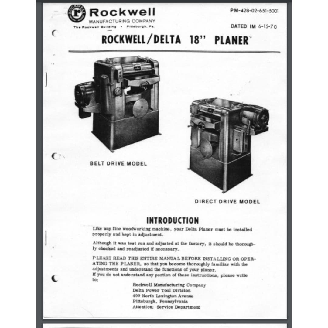 Delta Rockwell 18 Inch Planer Owner Parts Manual 24 Pages 1970 Belt and ...