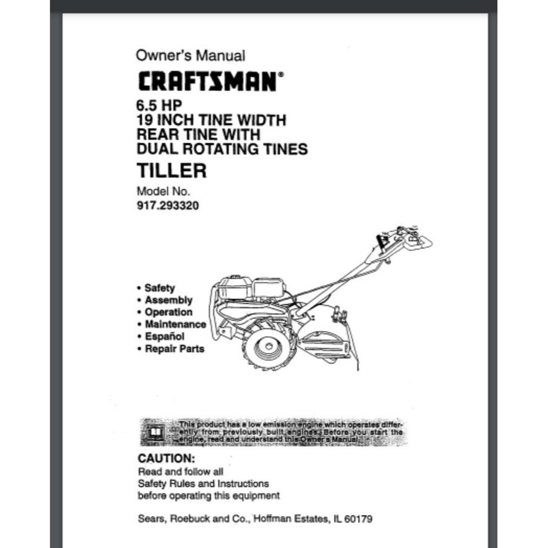 Craftsman Garden TILLER Model 917.29332 Owner's Manual 37 Pages 6.5 HP ...