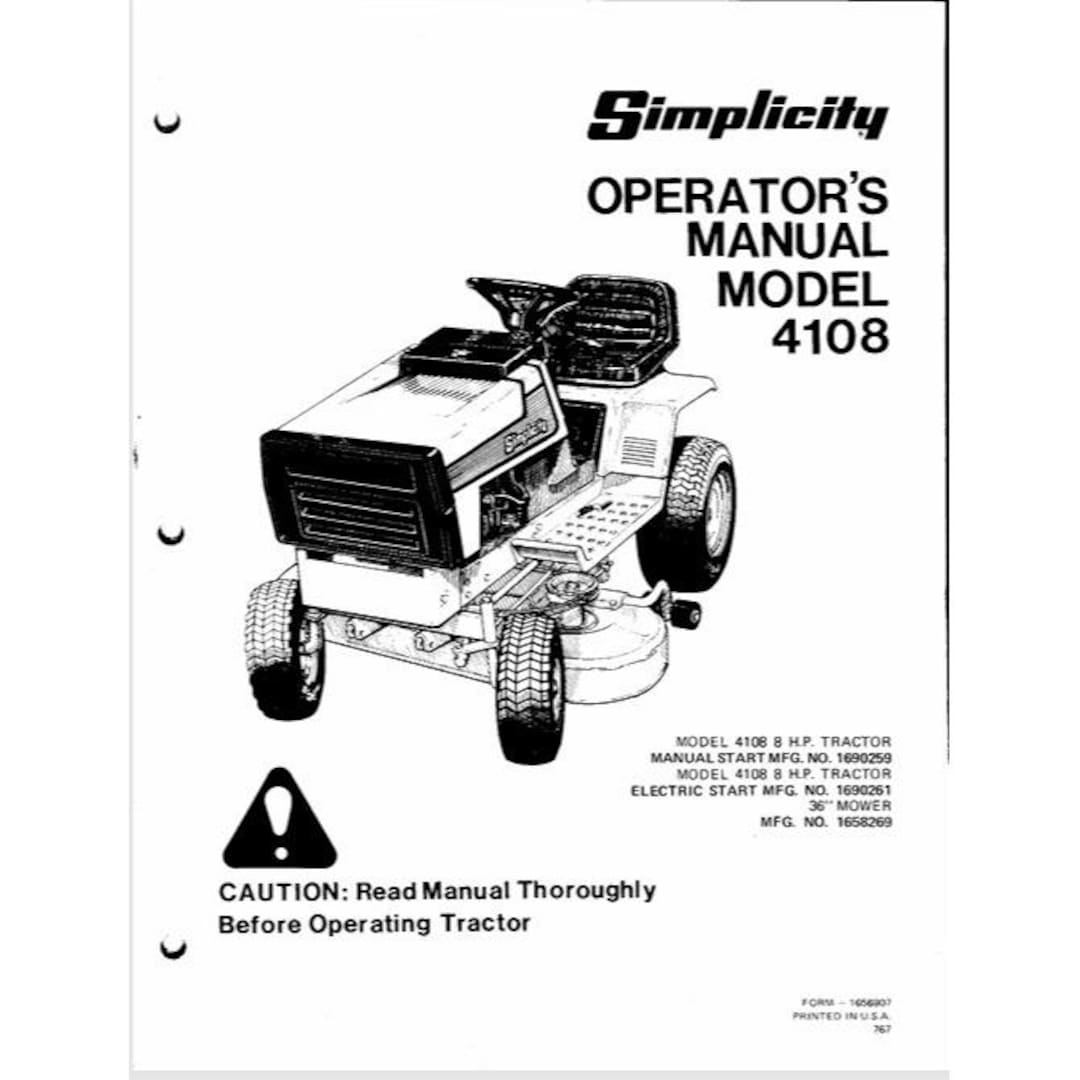Simplicity, Lawn, Tractor, Model, 4108, Operators, Manual, 8HP, Plus ...