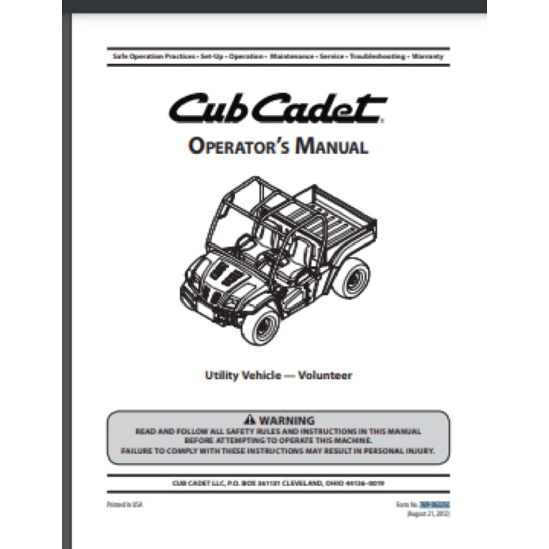 Cub Cadet Volunteer UTV Side by Side Operator's Manual 36 Pages Model ...