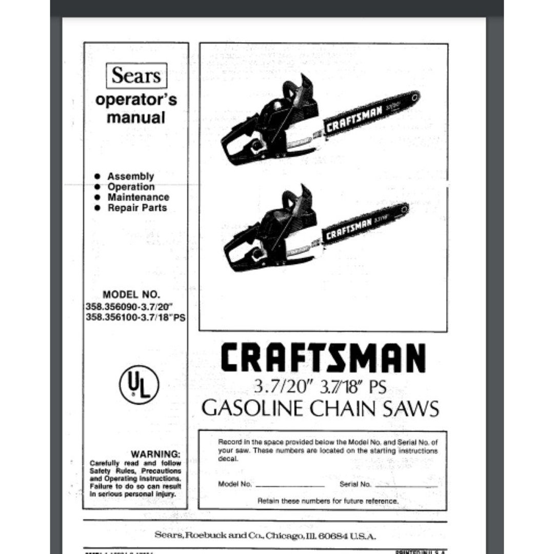 Sears Chainsaw 358.356090 -3.7/20 3.7/18 PS Operator's Manual 37 Pages ...