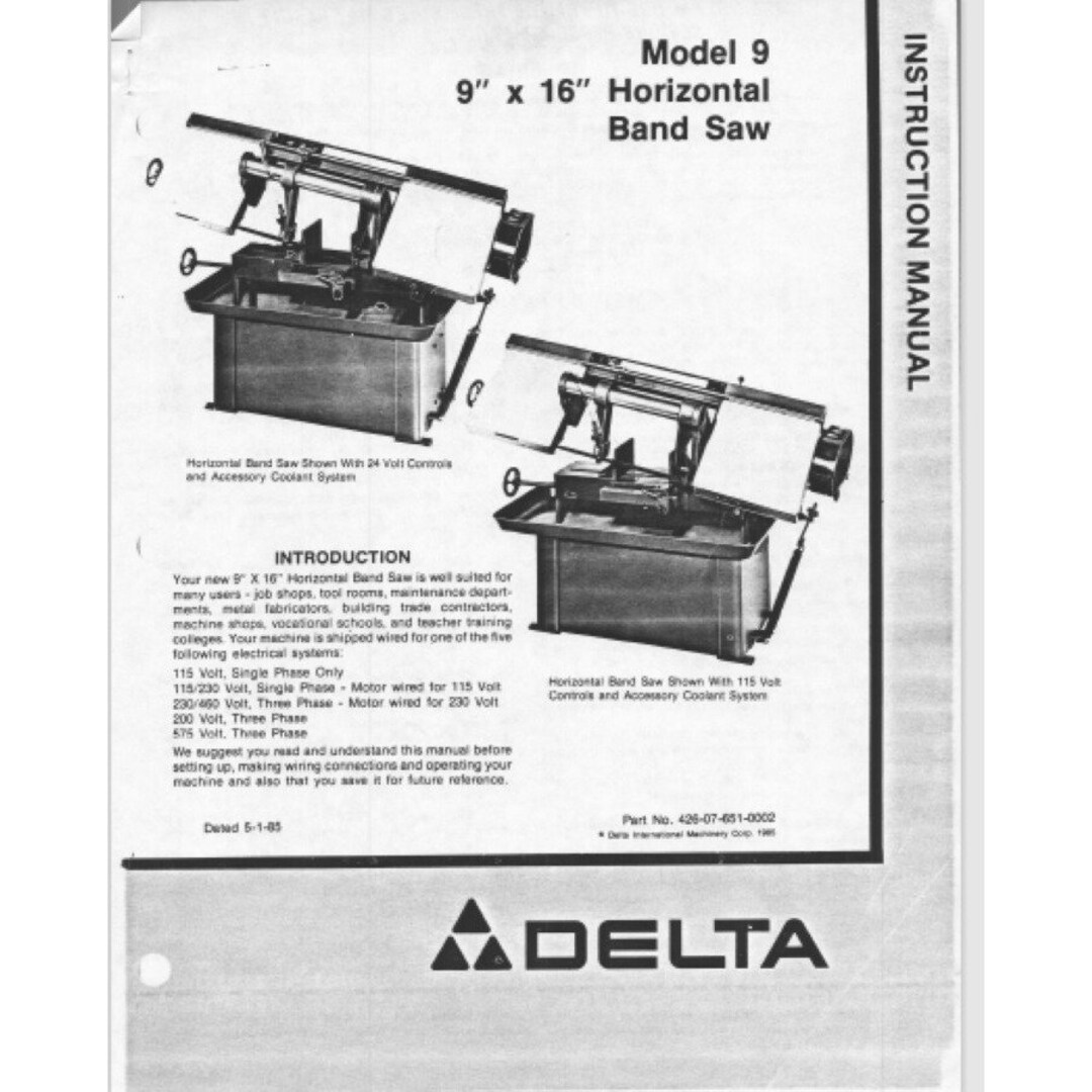 Delta Model 9 Horizontal Bandsaw Instruction Manual W/ Wiring Diagrams ...