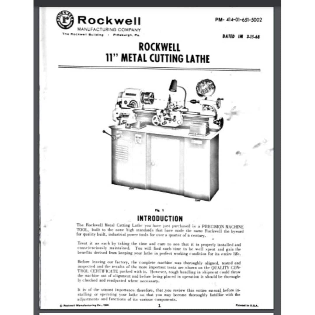 Rockwell 11 Inch Cutting Lathe Instruction Manual 47 Pages 1968 Comb ...