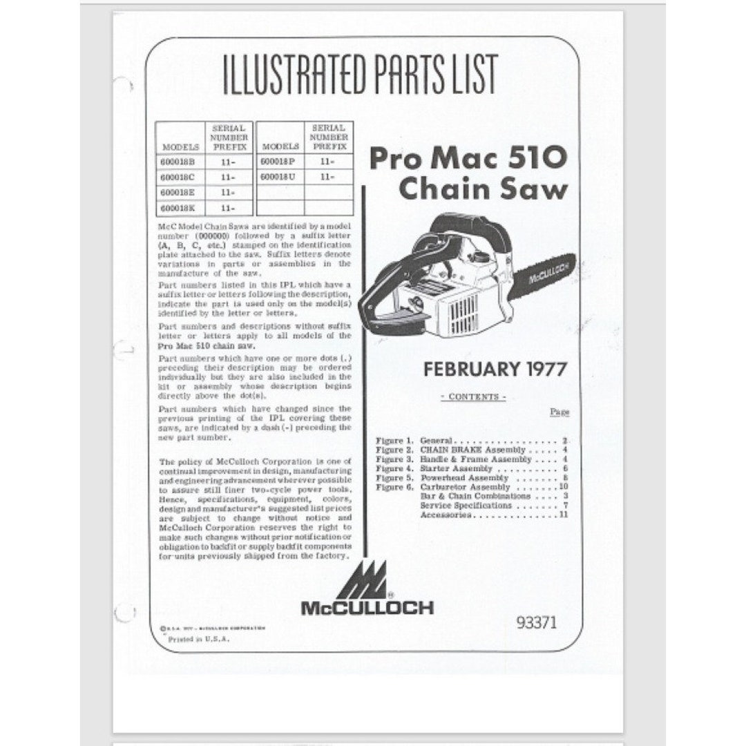 Mcculloch Pro Mac 510 Chainsaw Illustrated Parts List 1977 Exploded ...