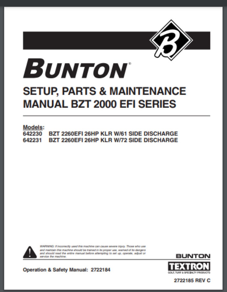 Bunton BZT 2000 EFI Series Set Up, Parts, Maintenance Manual 70 Pages ...