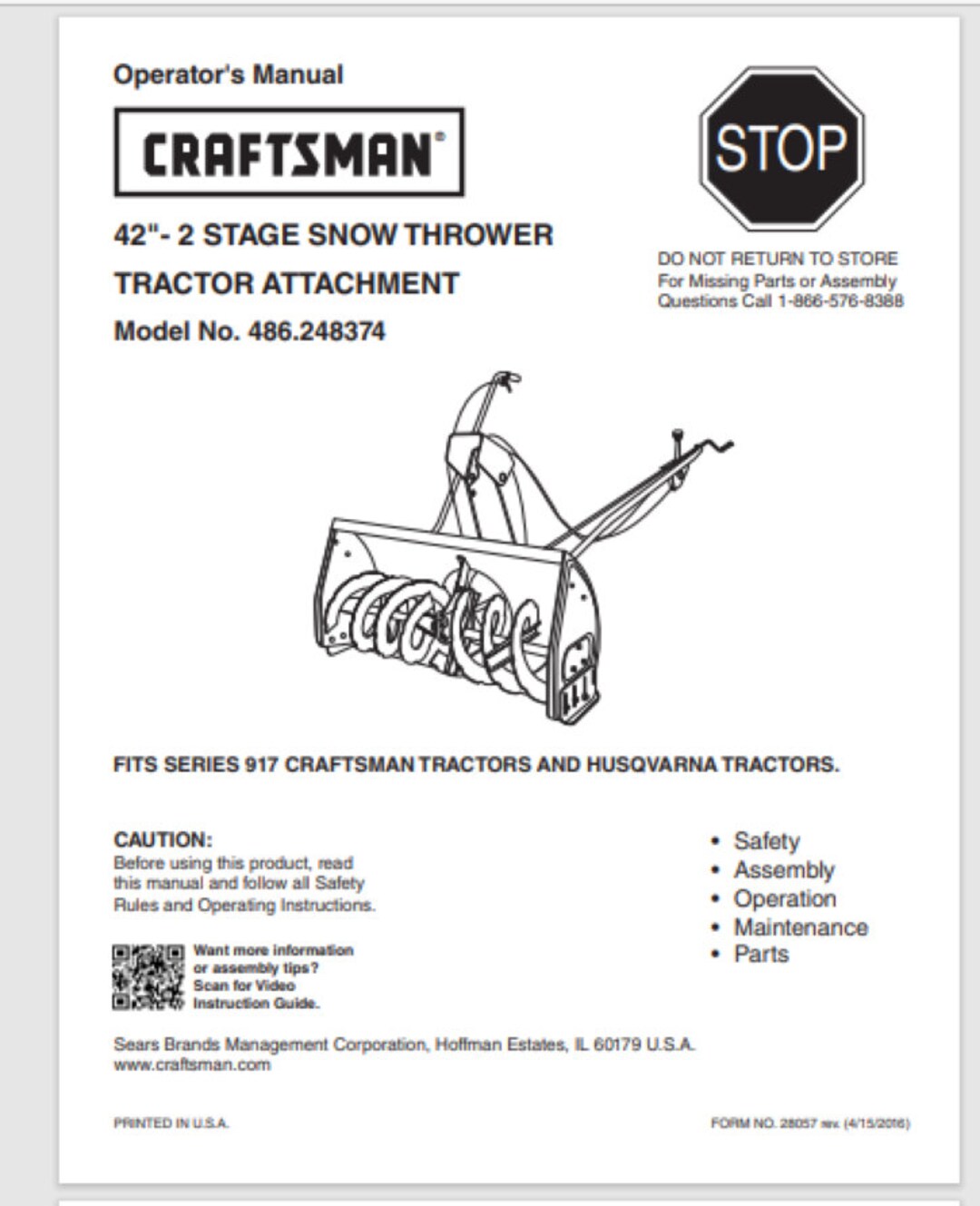 Craftsman 486.248374 Snow Thrower Attachment Owner Manual 42" 2 Stage ...
