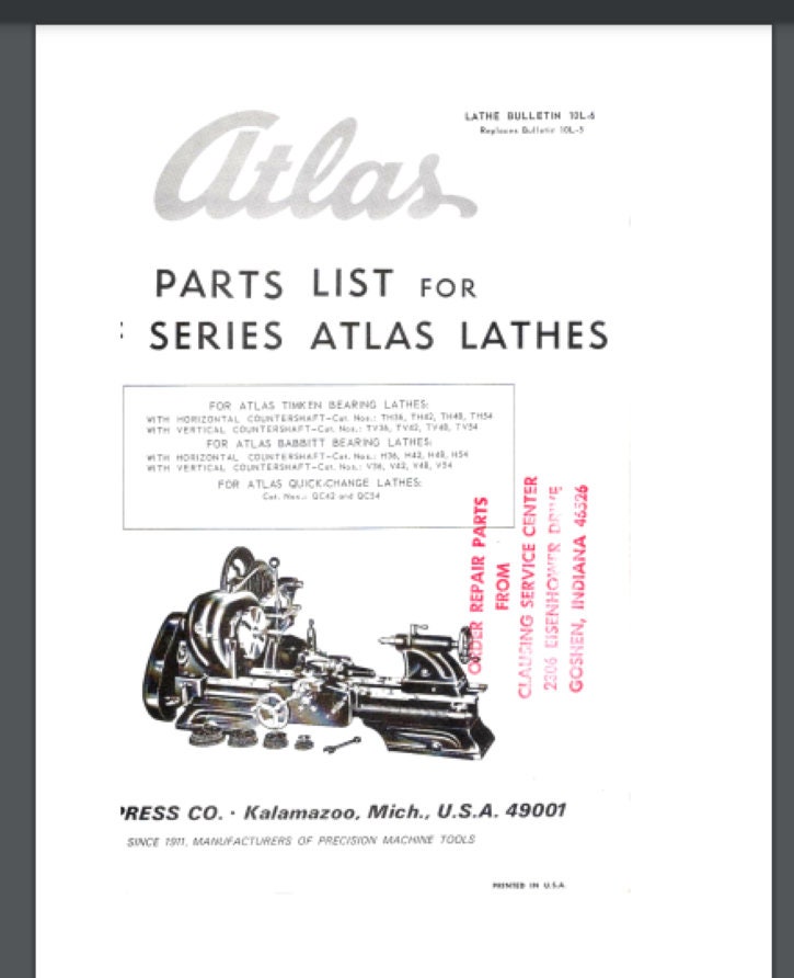 ATLAS/CRAFTSMAN 10L Series Metal Lathe Parts Manual Gloss Protectors ...