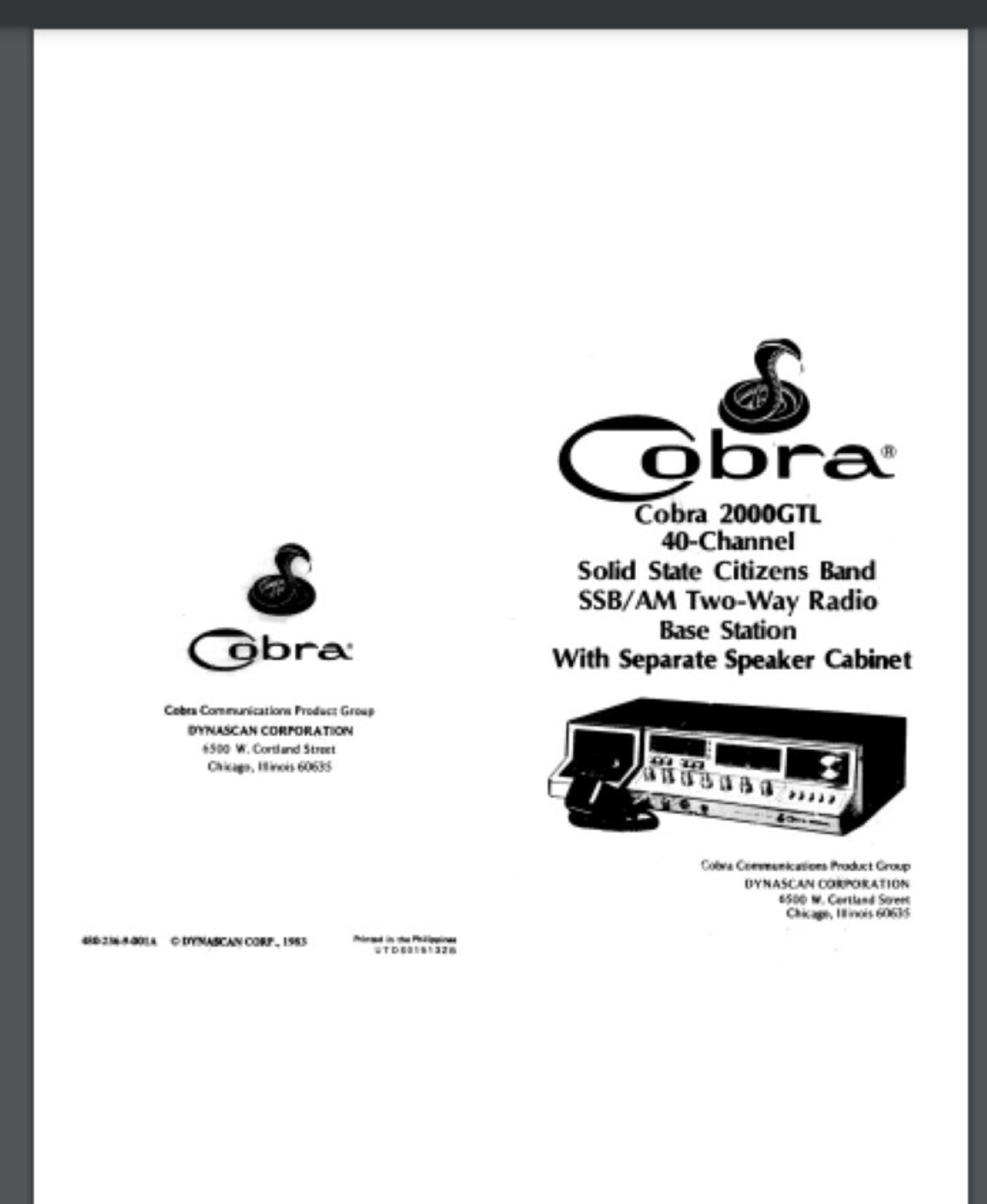 Cobra 2000 GTL 40 Channel 2 Way Radio User Manual 15 Pages Comb Bound ...