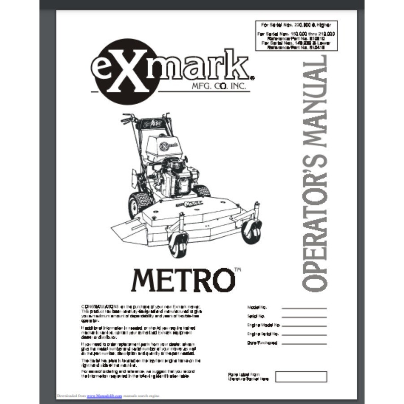 Exmark Metro Walk Behind Commercial Lawn Mower Owner Manual 48 32 36 ...