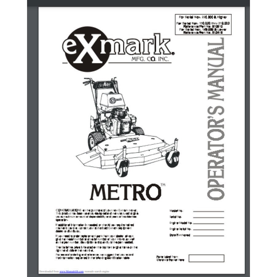 Exmark Metro Walk Behind Commercial Lawn Mower Owner Manual 48 32 36 ...