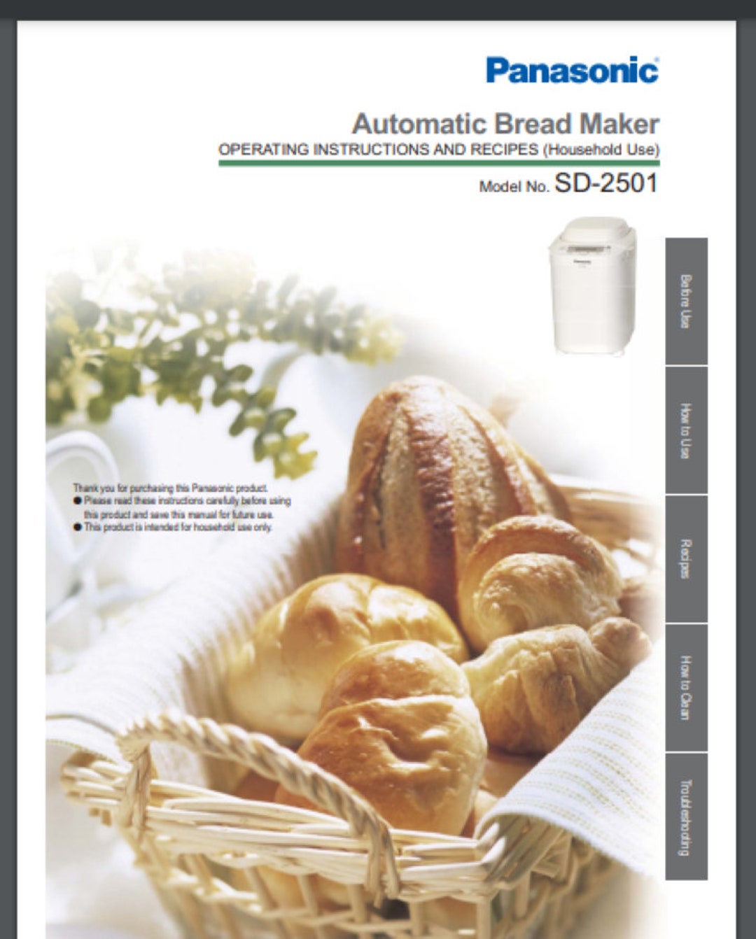 Panasonic Automatic Bread Maker SD-2501 Owner & Recipe Manual Model 48 ...