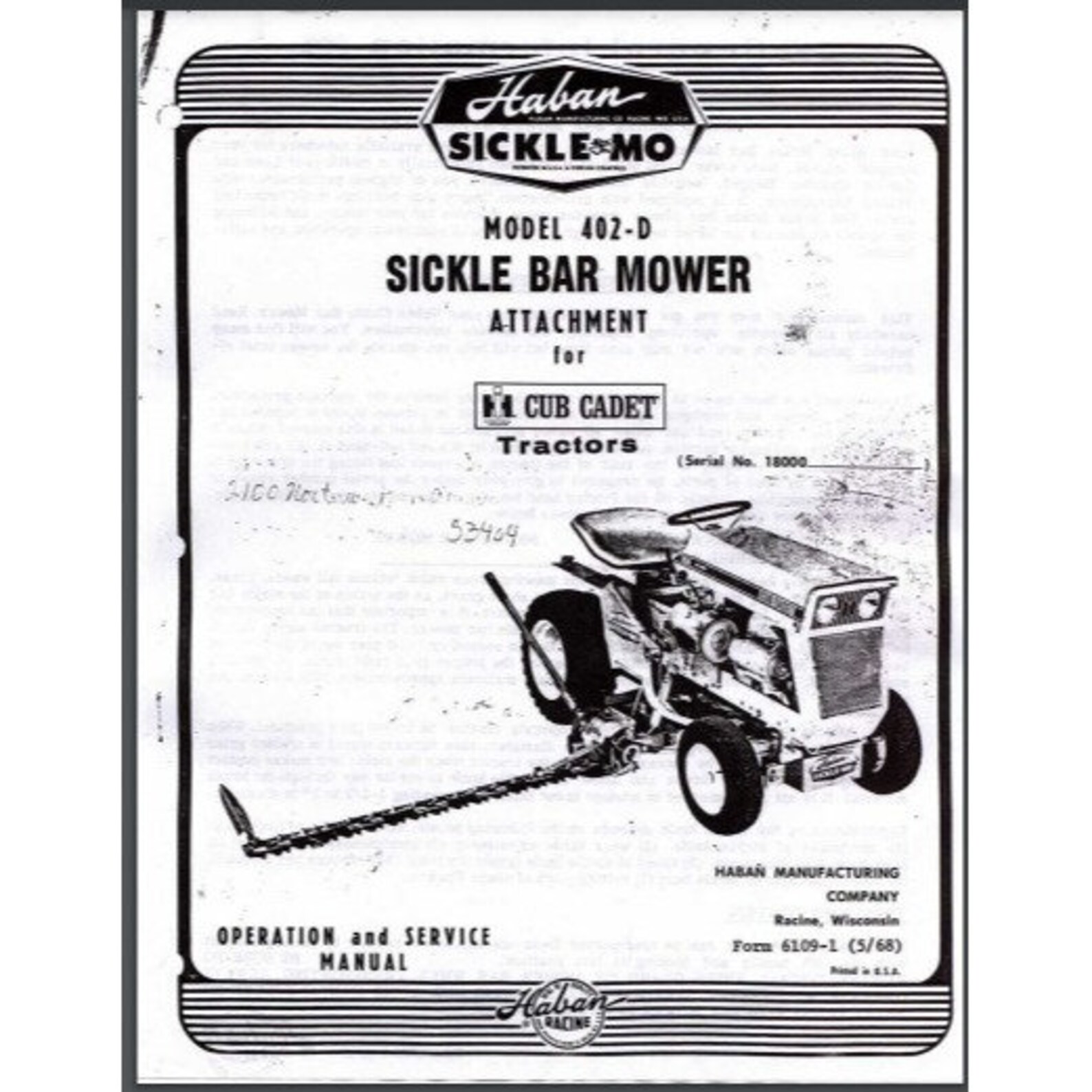 HABAN Cub CADET 402-d Sickle Bar Mower Operator Parts Manual 27 Pgs ...