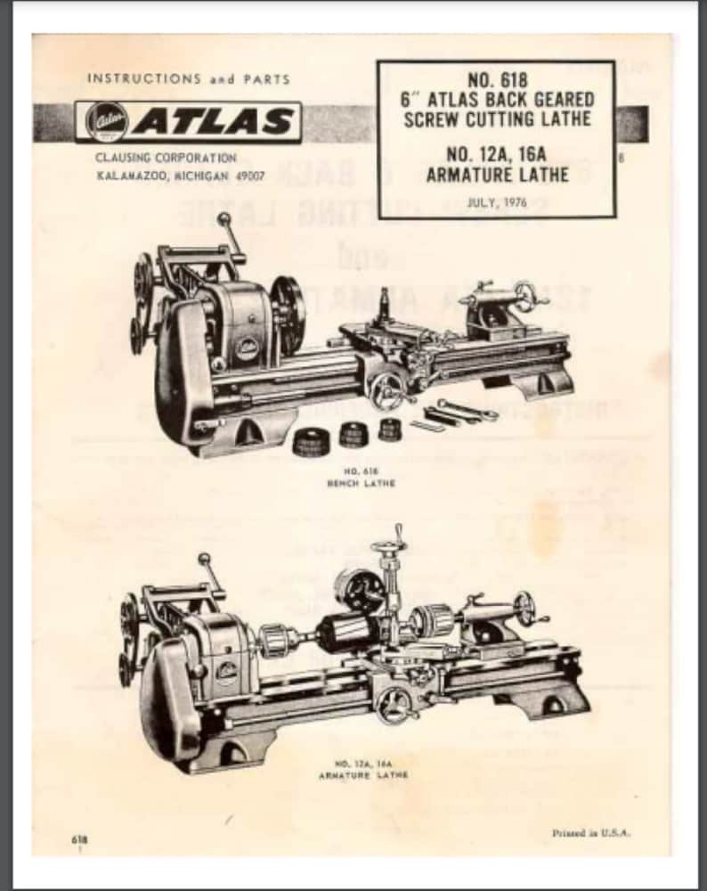 ATLAS/CRAFTSMAN 6" Metal Lathe NO. 618 Instructions & Parts Manual 1976 ...