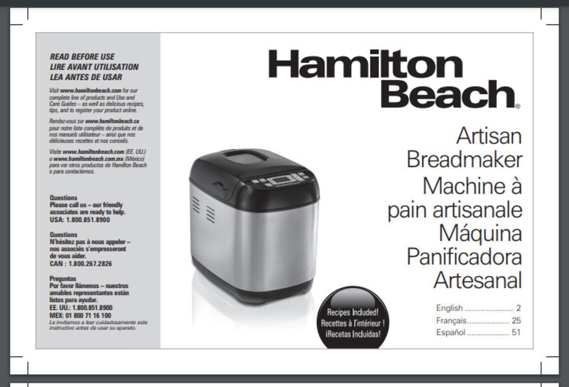 Hamilton Beach Artesian Bread Maker Machine Owner & Recipe Manual 80 ...