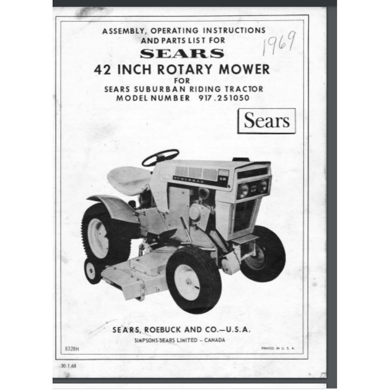 Sears SS Lawn Tractor Suburban 42 Inch Mower Owner & Parts Manual 917. ...