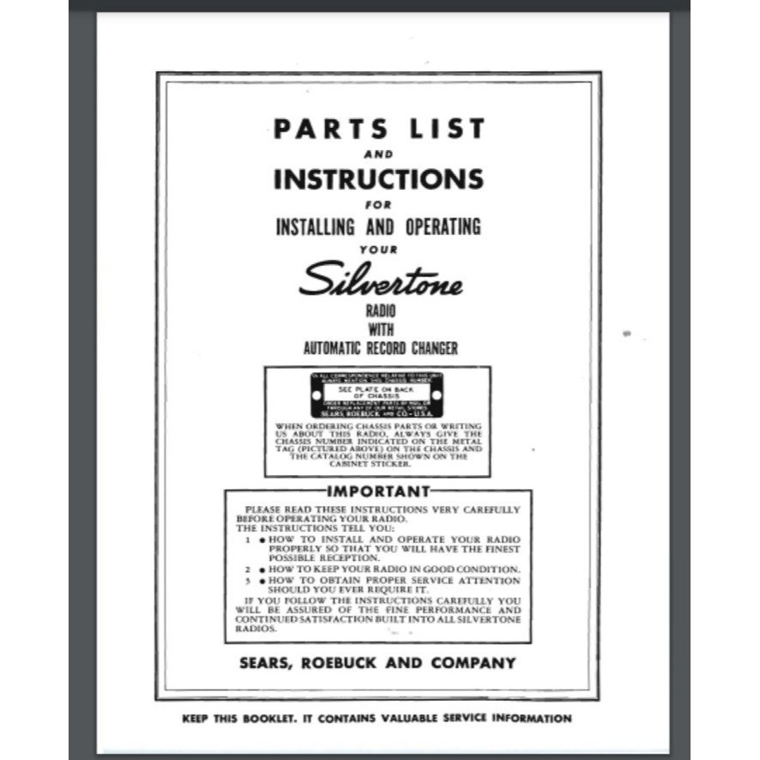 Sears Silvertone Radio Record Player Parts List Service Parts MANUAL ...