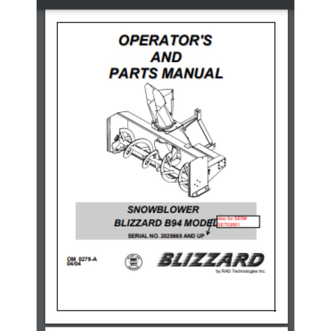 Blizzard Snow Blower Thrower Attachment Ber Vac B94 Owner Parts Manual ...