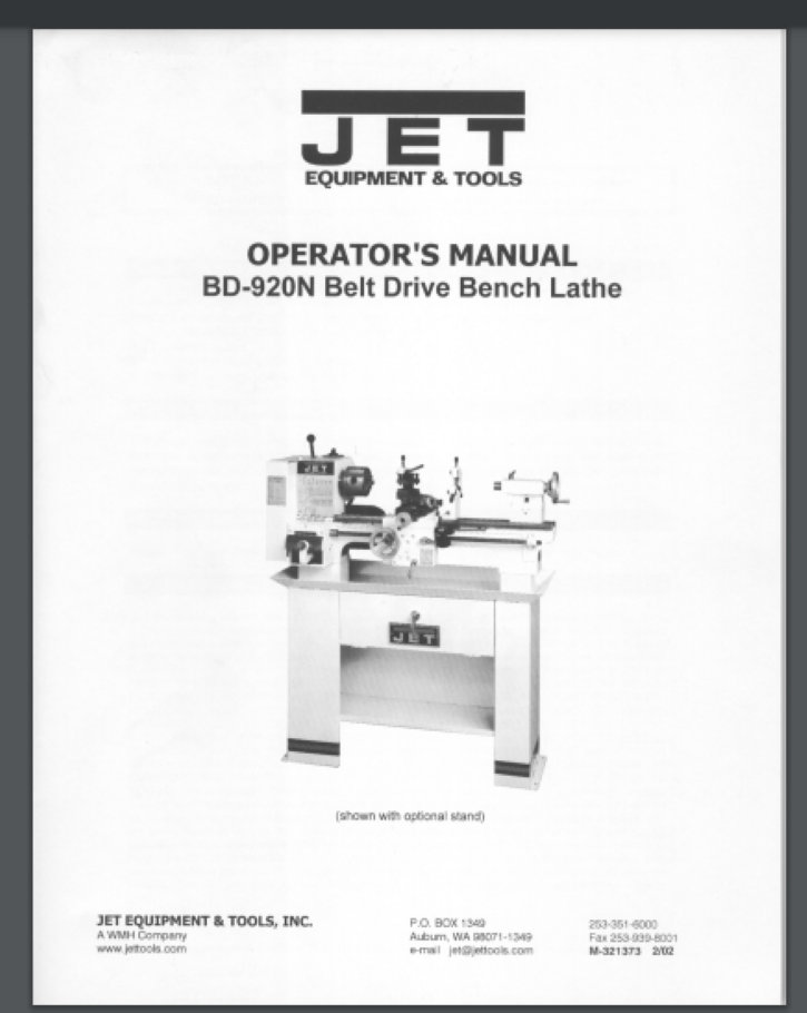 Jet BD-920N Belt Drive Bench Lathe Owners Manual Comb Bound Gloss Cover ...