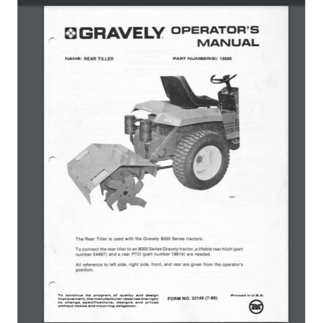 Gravely Tractor Rear Tiller Implement 18886 Owner & Parts Manual Comb ...