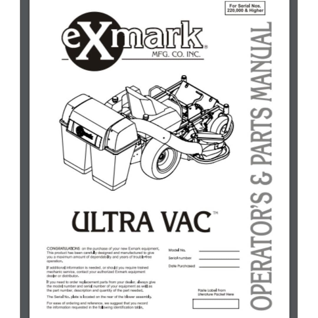 Exmark Ulta Vac Bagger Attachment Owner & Parts Manual 24 PGS 220,000 ...