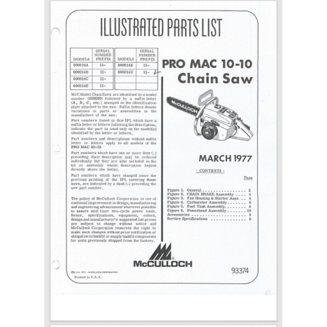 Mcculloch Pro MAC 10-10 Illustrated Parts List 1977 Exploded Views 11 ...