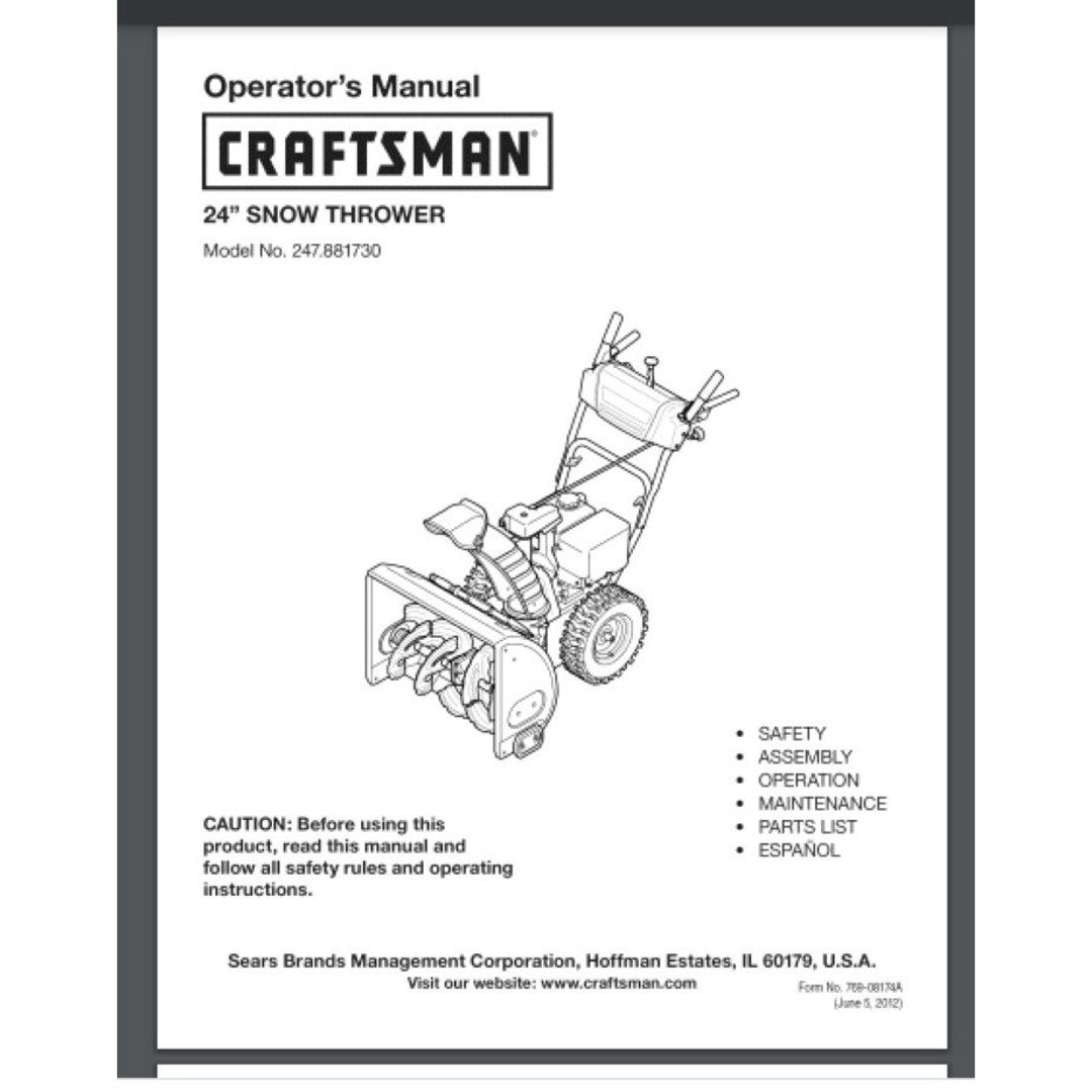 Craftsman 24 Inch 247.881730 SNOW THROWER Owner Parts Manual 2017 68 ...
