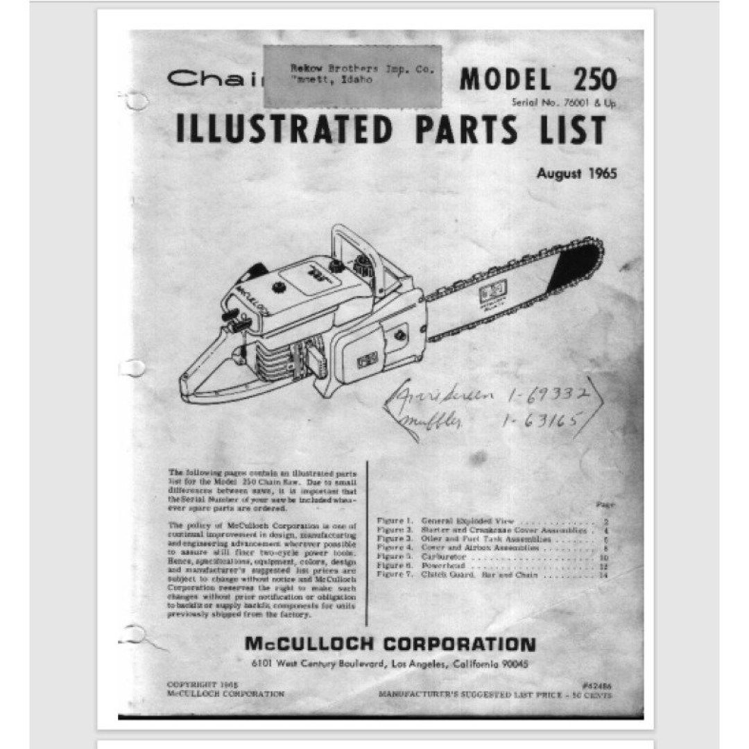 Mcculloch Model 250 Illustrated Parts List 1965 Exploded Views - Etsy