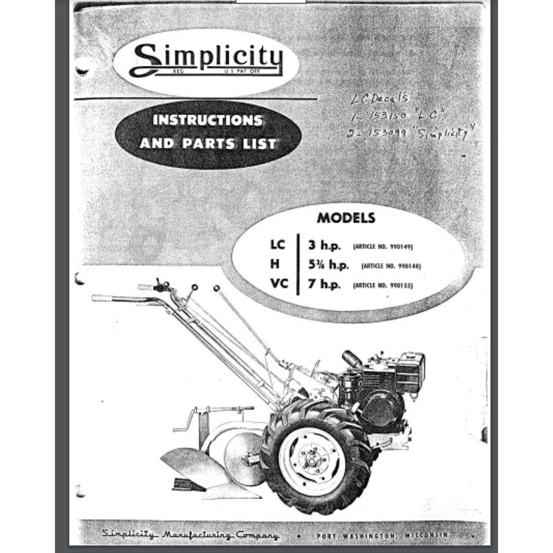 Simplicity VC LC H Walk-behind Garden Tractor Owner & Parts Manual Comb ...