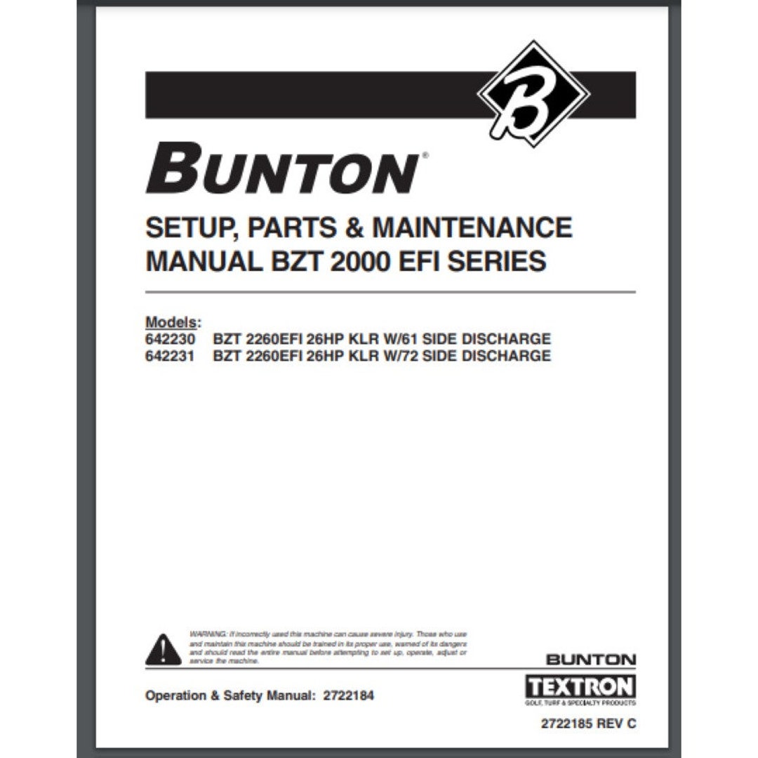 Bunton BZT 2000 EFI Series Setup, Parts & Maintenance Manual 61 71 Inch ...