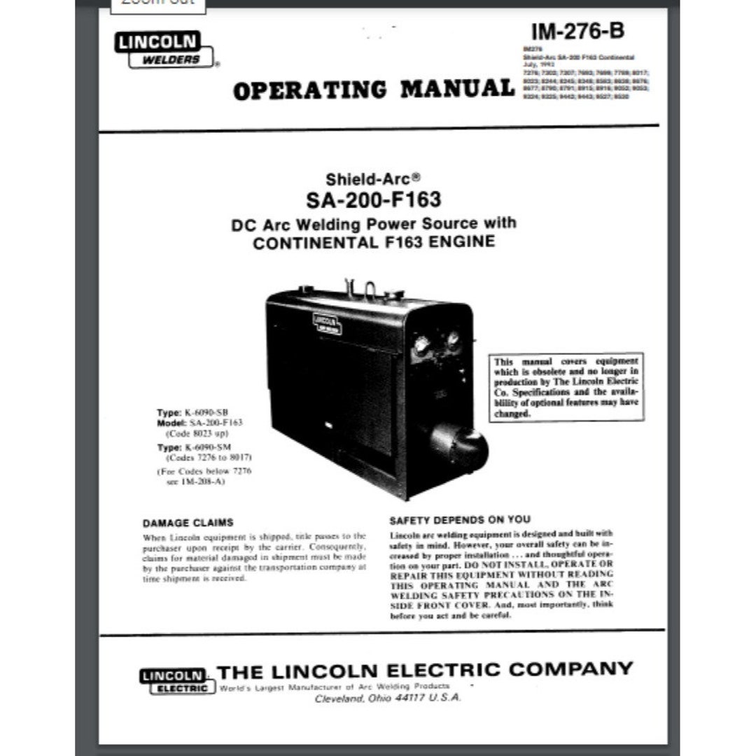 Lincoln SA-200 F163 Continental Engine Welder Owner Parts Manual 1993 ...