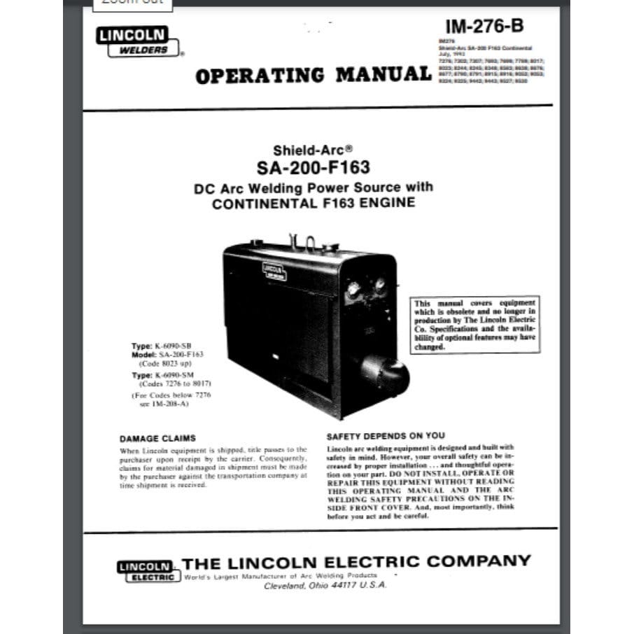 Lincoln SA-200 F163 Continental Engine Welder Owner Parts Manual 1993 Comb Bound - Etsy