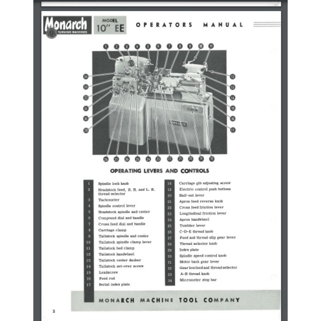 Monarch 10 EE Lathe Parts and Operators Manual 1984 Comb Bound Gloss ...