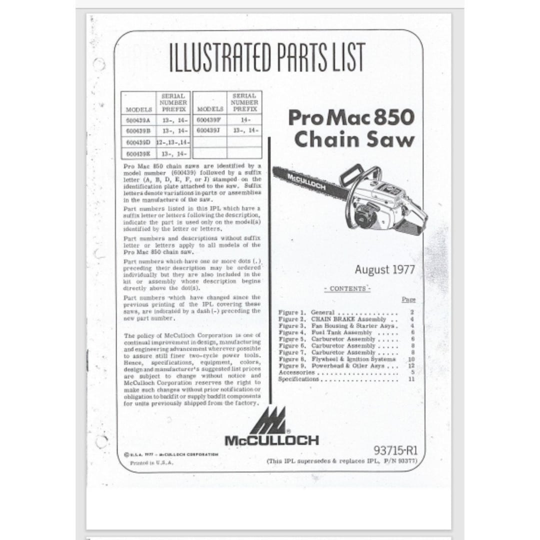 Mcculloch Pro Mac 850 Chainsaw Illustrated Parts List 1977 Exploded ...