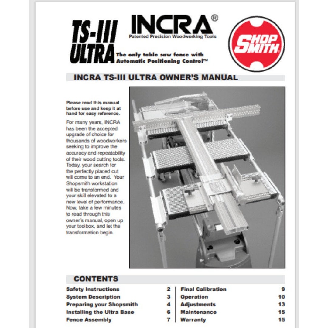Shopsmith Incra TS-III Tablesaw Manual 16 Pages Gloss Covers Comb Bound ...