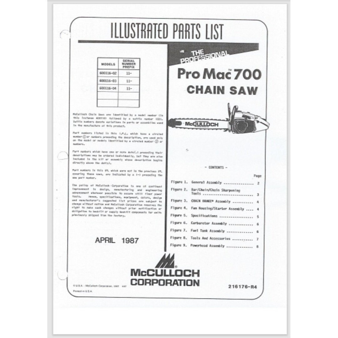 Mcculloch Pro Mac 700 Chainsaw Illustrated Parts List 1987 Exploded ...